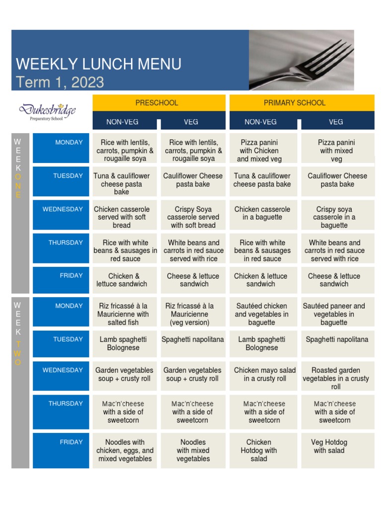 Week Lunch Menu Term 1 2023 | PDF | Pasta | Macaroni And Cheese