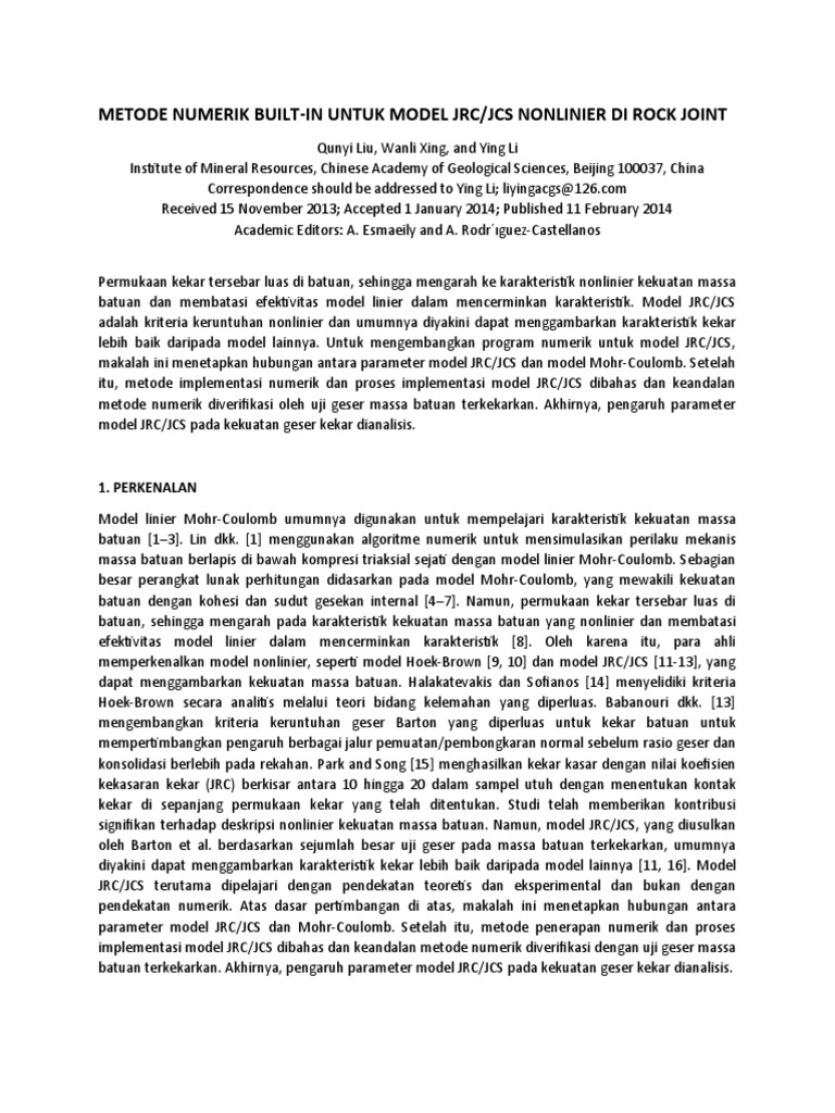 Metode Numerik Built-In Untuk Model JRC JCS Nonlinier Di Rock Joint | PDF