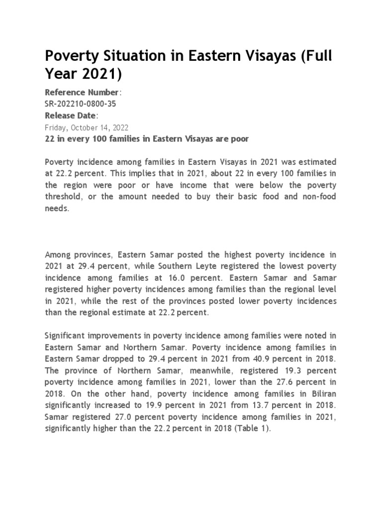 Poverty Situation in Eastern Visayas | PDF | Poverty | Poverty ...