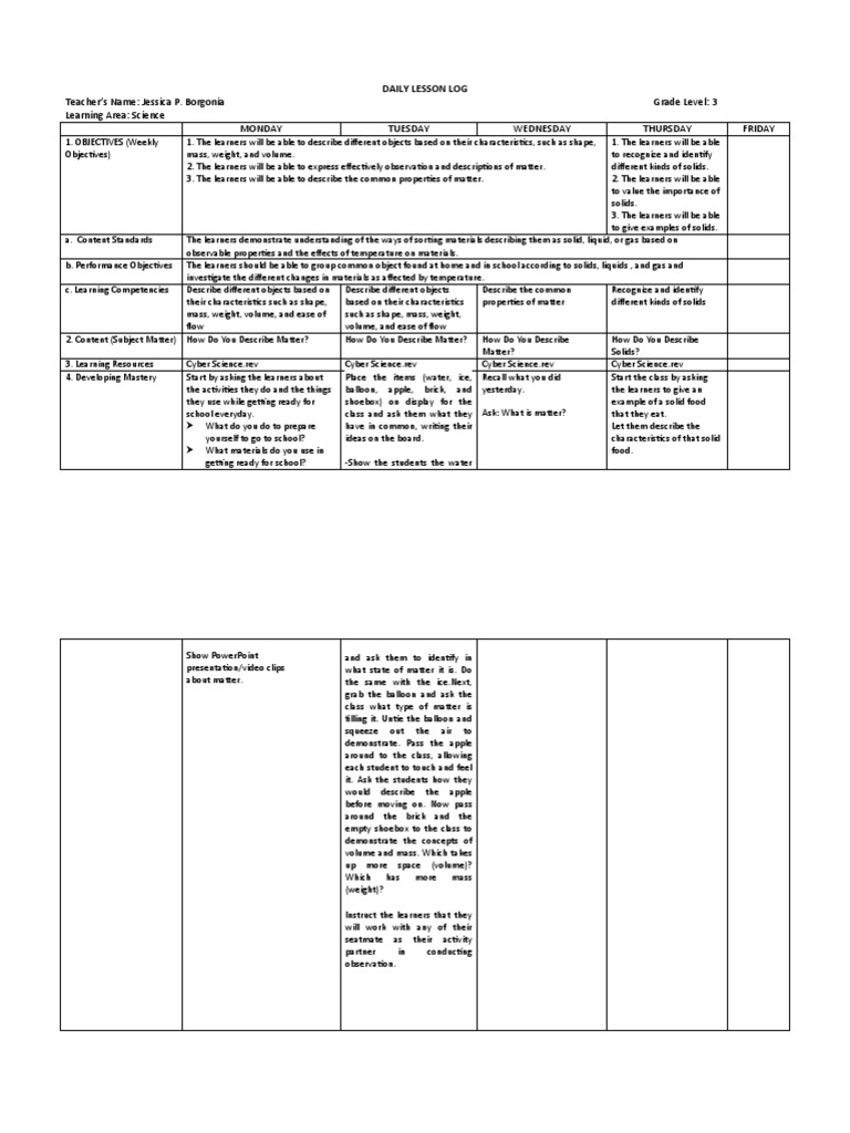 Daily Lesson Log for 3rd Grade Science | PDF | Learning | Educational ...