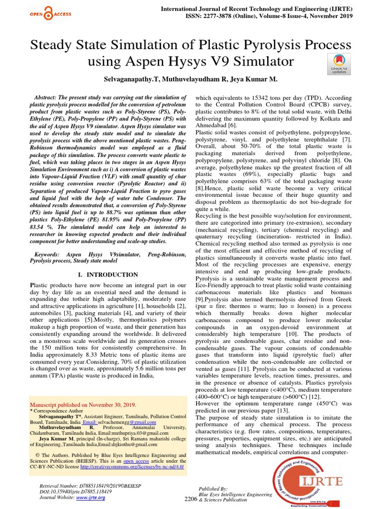 Aspen Hysys Plastic Pyrolysis | PDF | Pyrolysis | Plastic