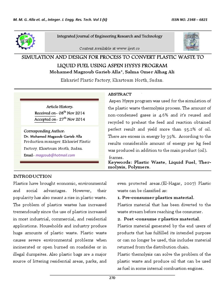 SIMULATION AND DESIGN FOR PROCESS TO CONVERT PLASTIC WASTE TO Liquid ... SIMULATION AND DESIGN FOR PROCESS TO CONVERT PLASTIC WASTE TO Liquid ...
