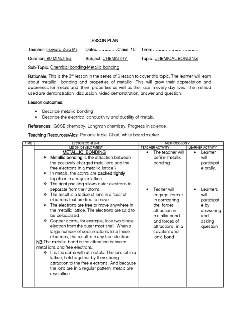 Grade 10 Metallic Bonding Lesson Plan | PDF | Chemical Bond | Metals