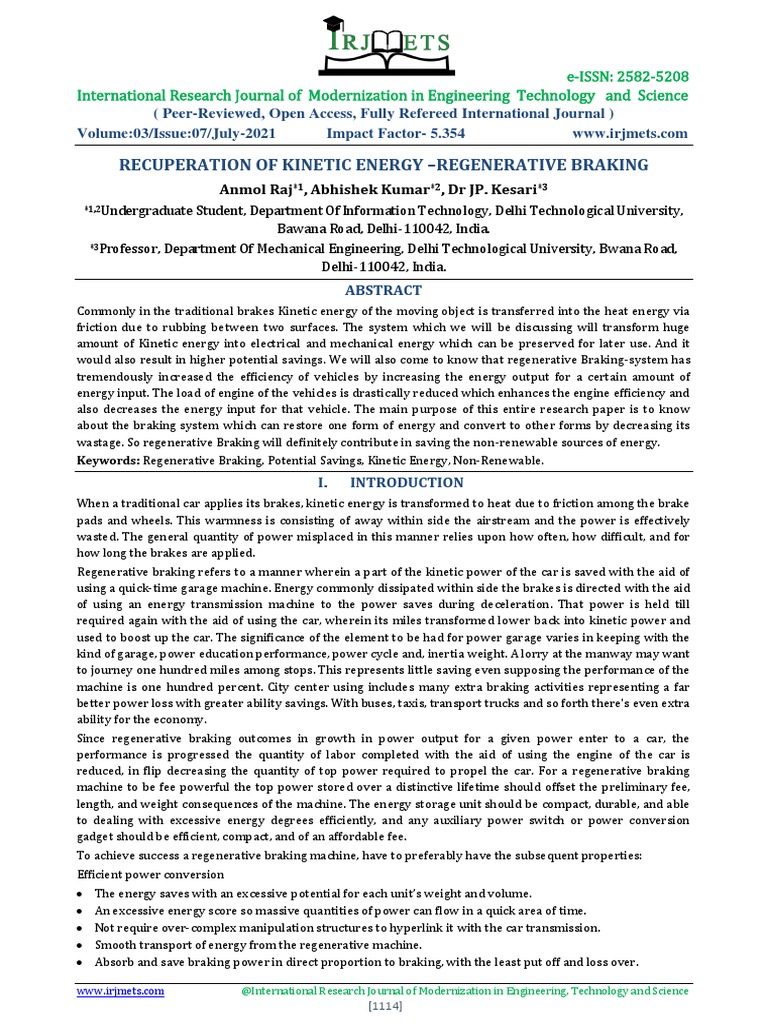 Recuperation of Kinetic Energy - Regenerative Braking | PDF | Brake ...