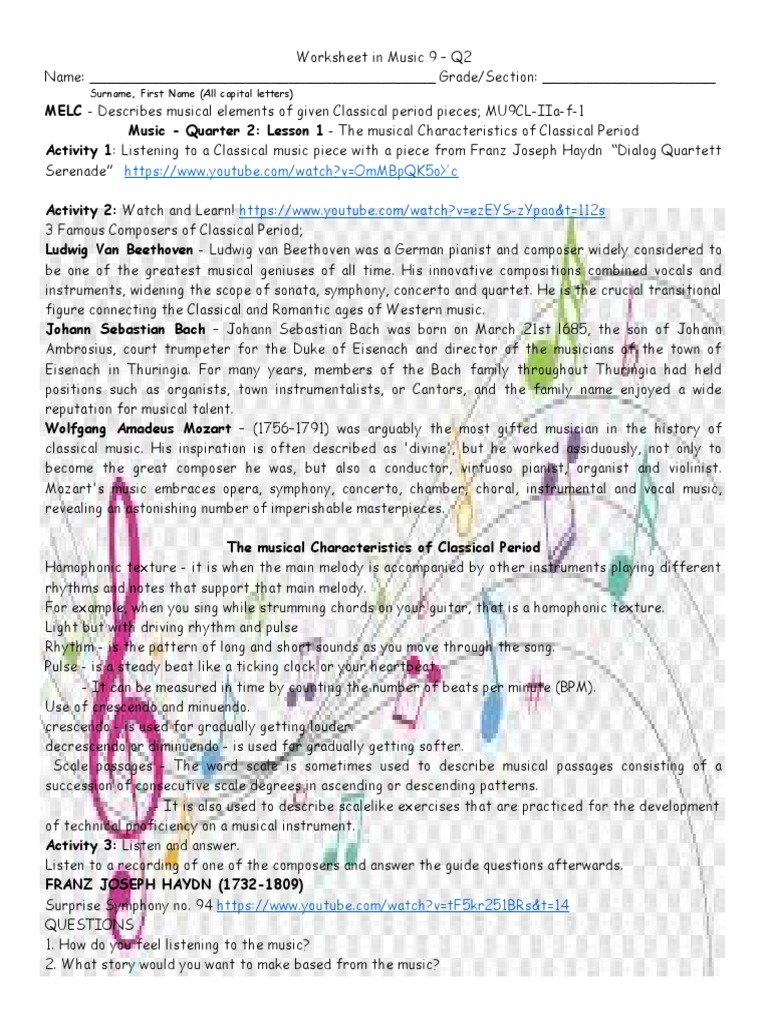 Worksheet in Music 9 - Q2 Lesson 1 | PDF | Classical Period (Music ...