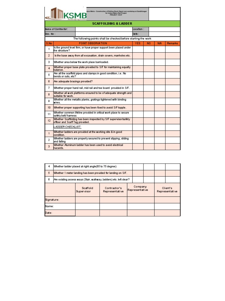 SCAFFOLDING & LADDER HSE Checklist | PDF | Scaffolding | Equipment