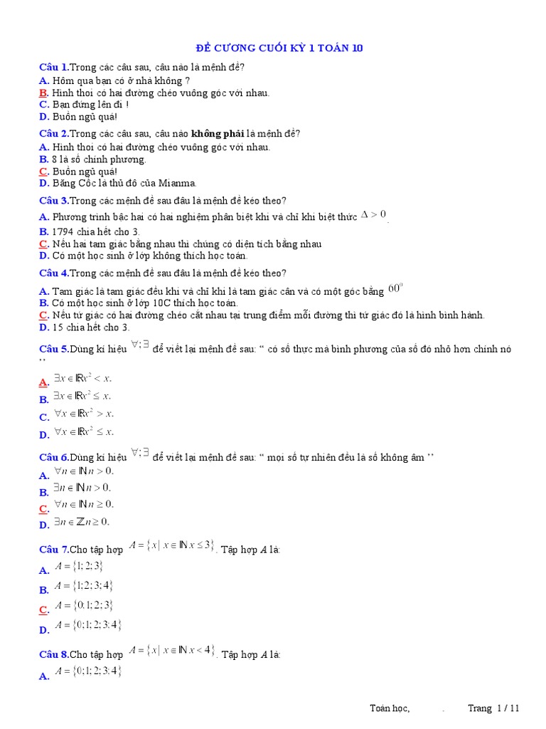 De Cuong Cuoi Ky 1 Toan 10 | PDF