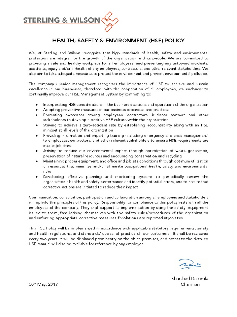Hse Policy | PDF | Employment | Occupational Safety And Health