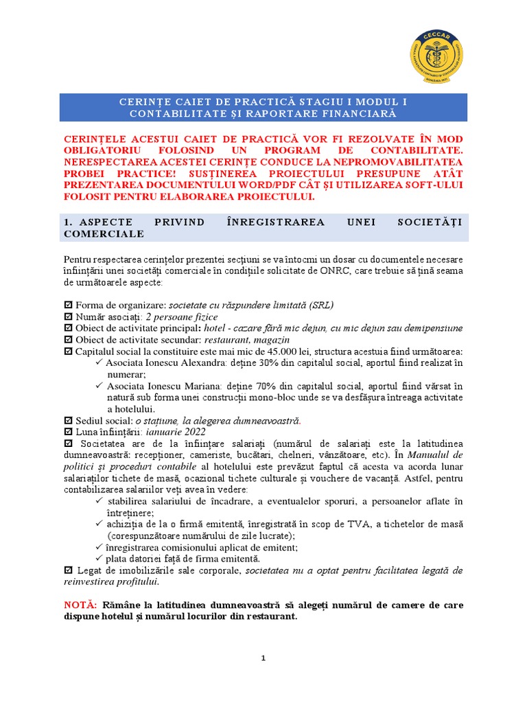 CRF Caiet Practica An 1 S1 2022 | PDF