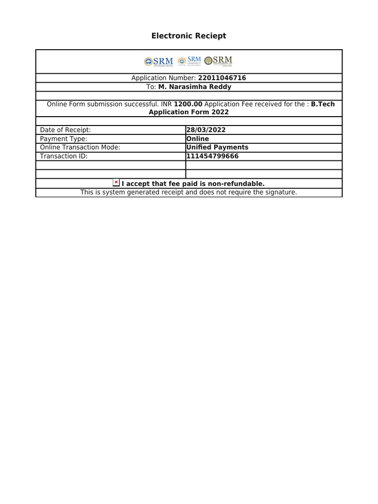 SRM Payment Receipt | PDF