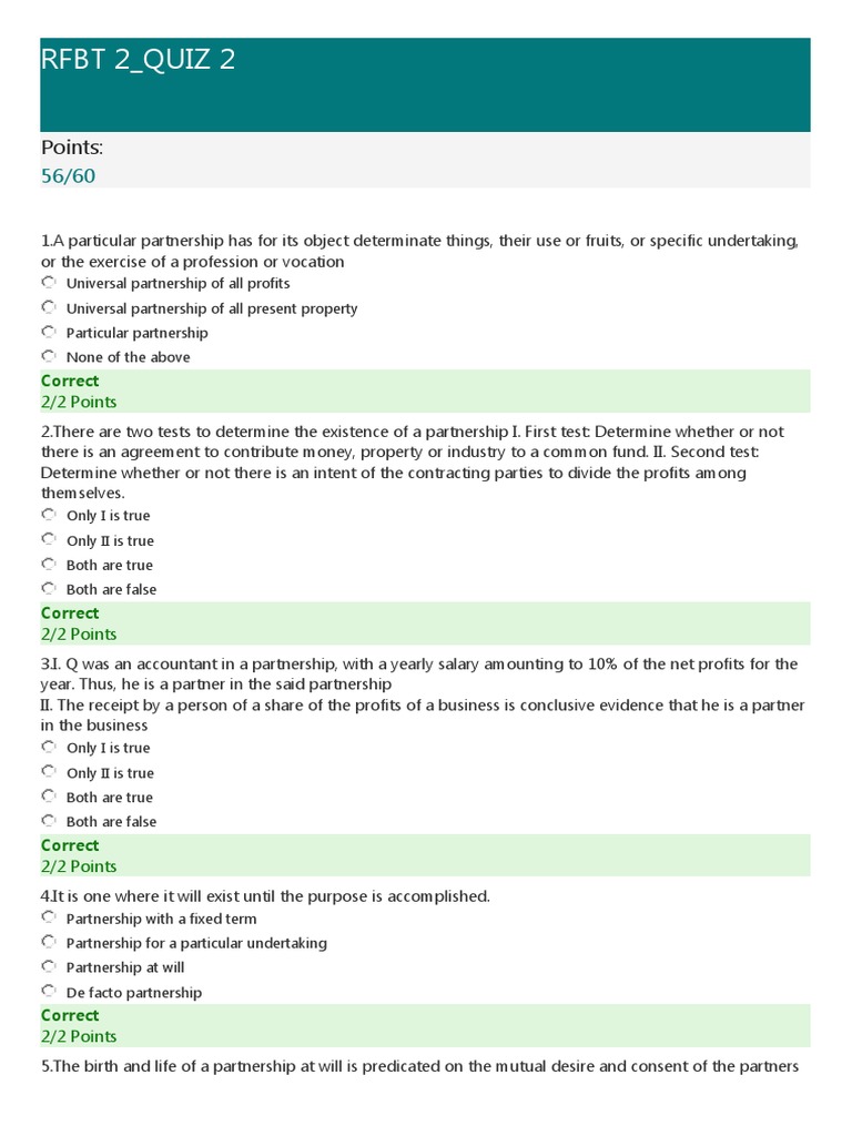 RFBT 2 Quiz Scores | PDF | Partnership | Law And Economics