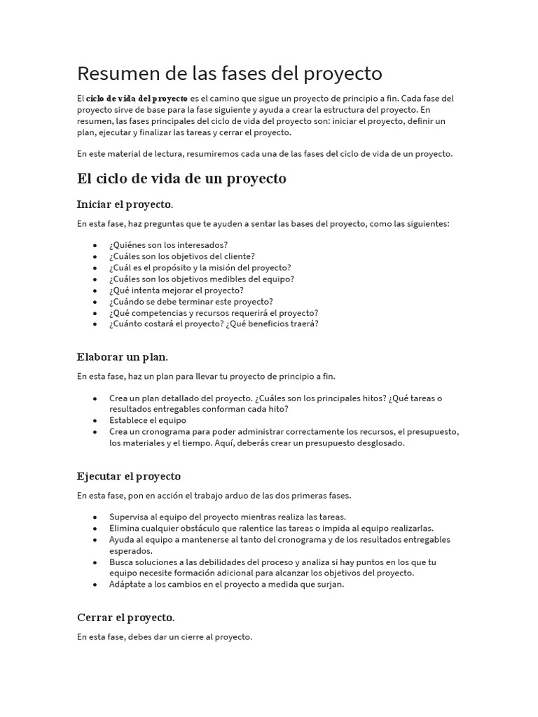 Resumen de Las Fases Del Proyecto | PDF | Presupuesto | Business