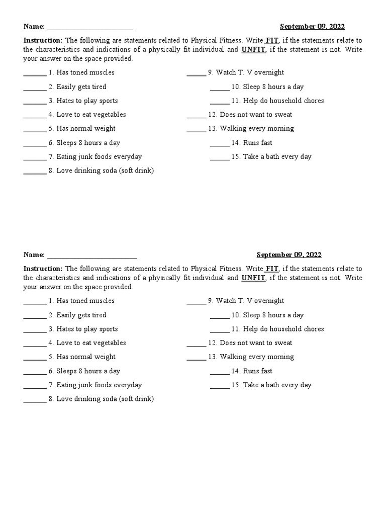 Fit vs Unfit Characteristics Quiz | PDF | Self-Improvement