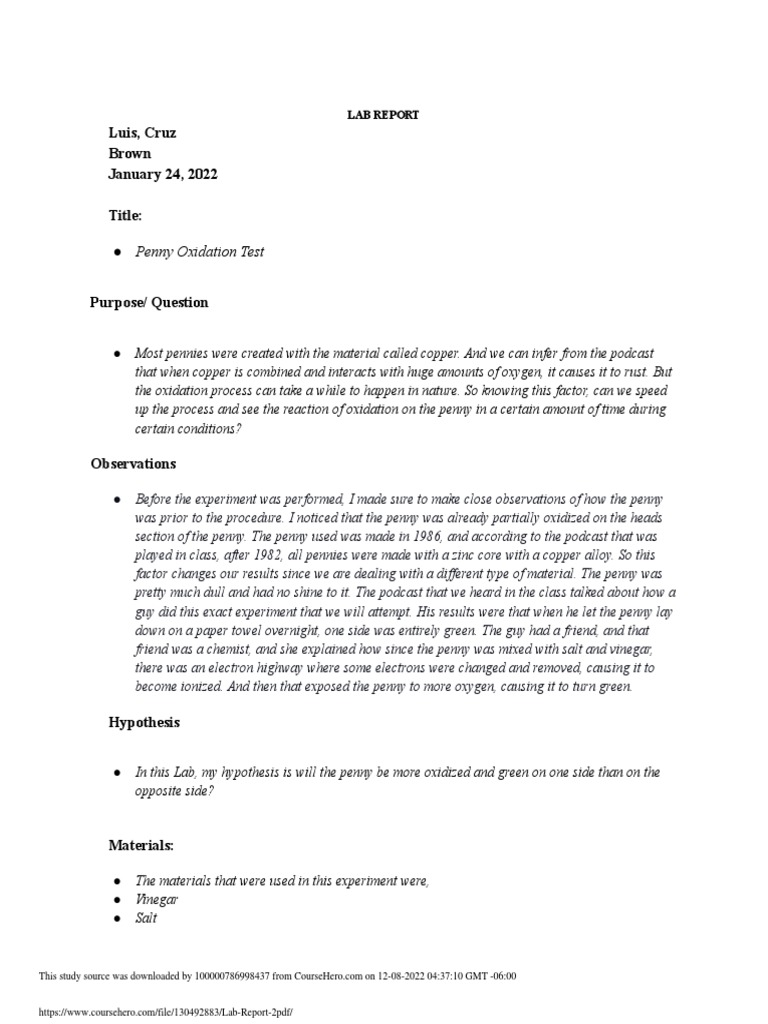 Lab Report 2 PDF | PDF | Experiment | Copper Lab Report 2 PDF | PDF | Experiment | Copper