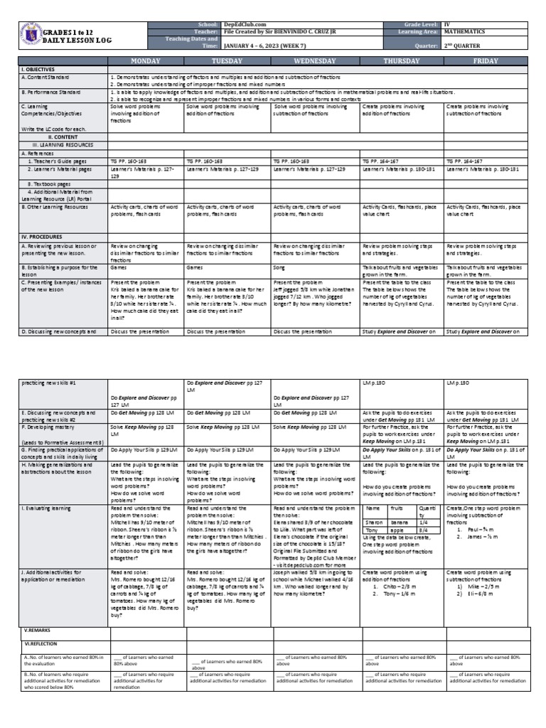 DLL Mathematics 4 q2 w7 | Download Free PDF | Flashcard | Learning