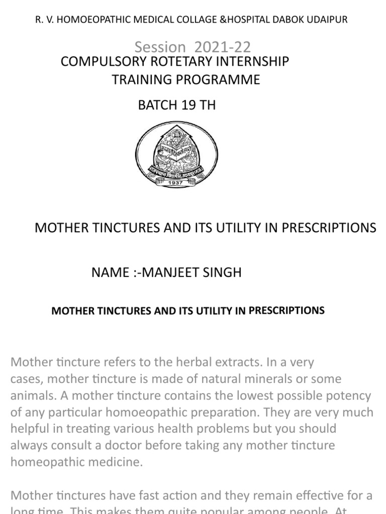 Mother Tinctures and Its Utility in Prescriptions | PDF | Homeopathy ...