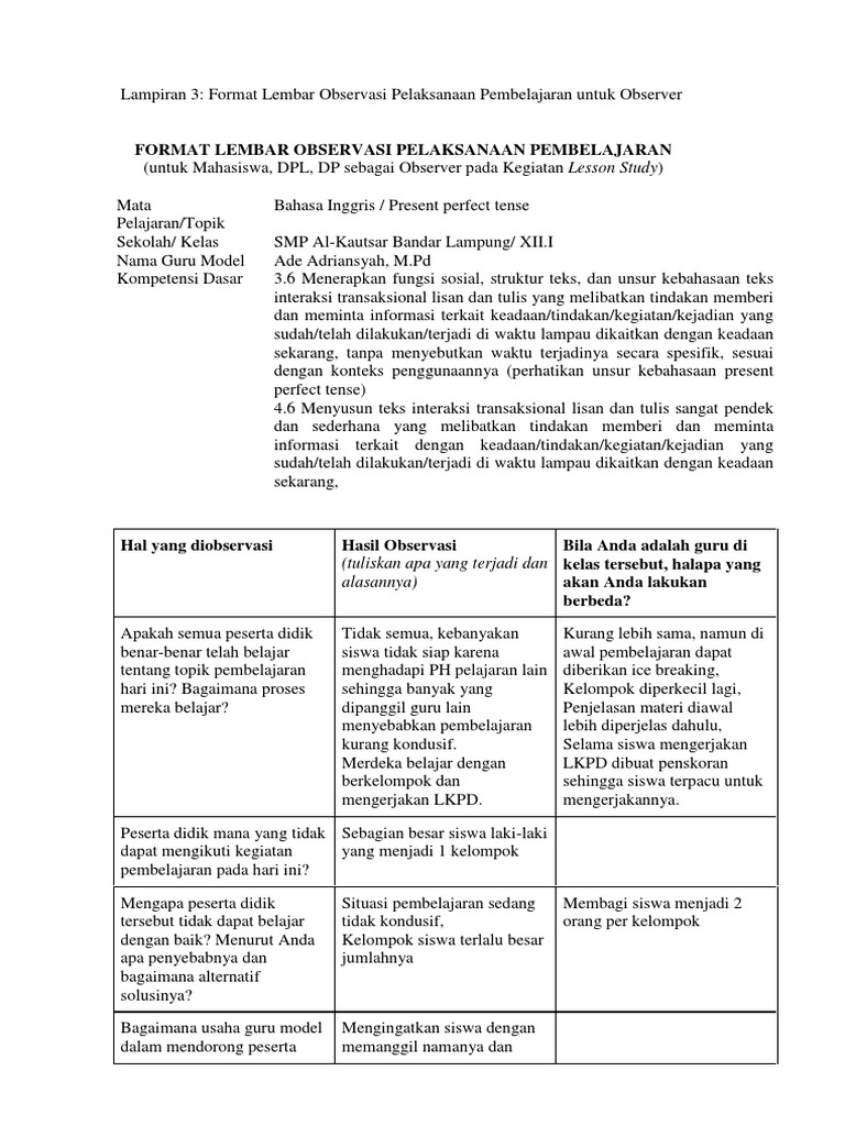 Lembar Observasi Pembelajaran Kelas XII | PDF | Karier & Perkembangan