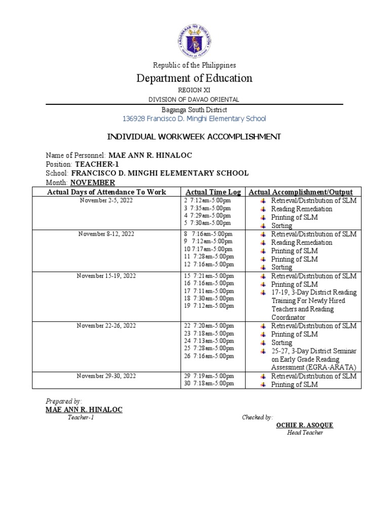 November Workweek Report for Teacher-1 | PDF