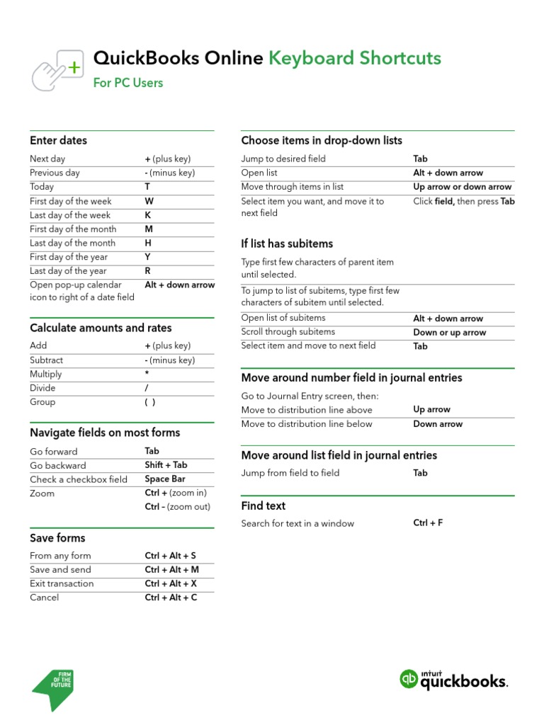 Quickbooks Online Keyboard Shortcuts For Navigating Dates Lists And Fields Efficiently On A Pc