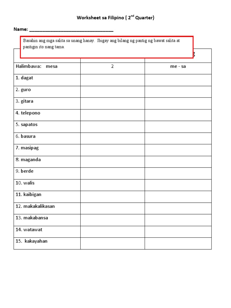 Worksheet Sa Filipino | PDF