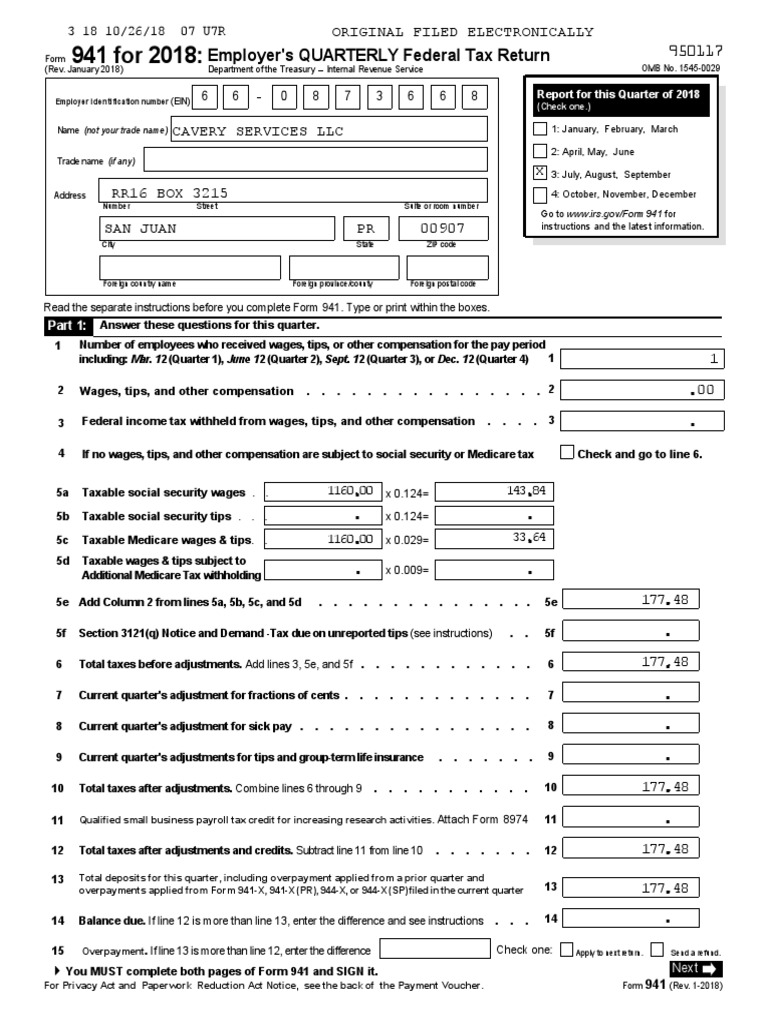 SAMPLE Form 941 2018 Q3 660873668 | PDF | Federal Insurance ...