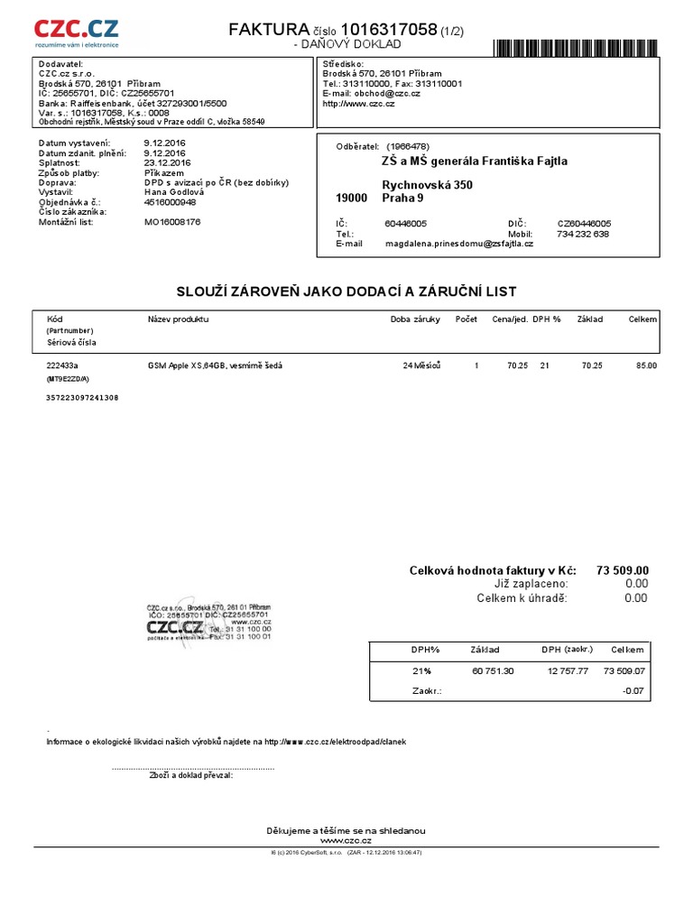 Faktura CZC - CZ - PC 2 | PDF