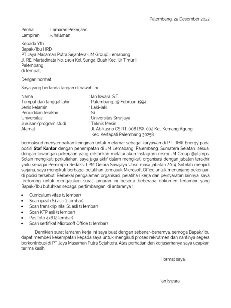 Surat Lamaran JM | PDF