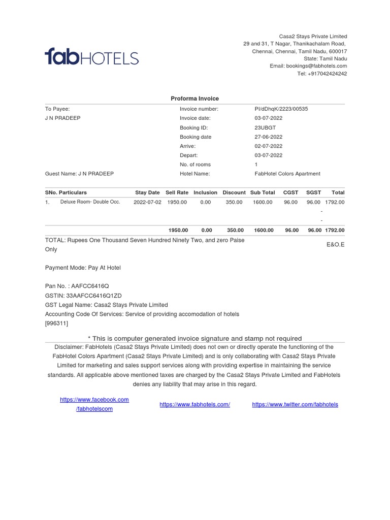 FabHotels PI DDHQK 2223 00535 Invoice 23UBGT | PDF | Invoice | Payments