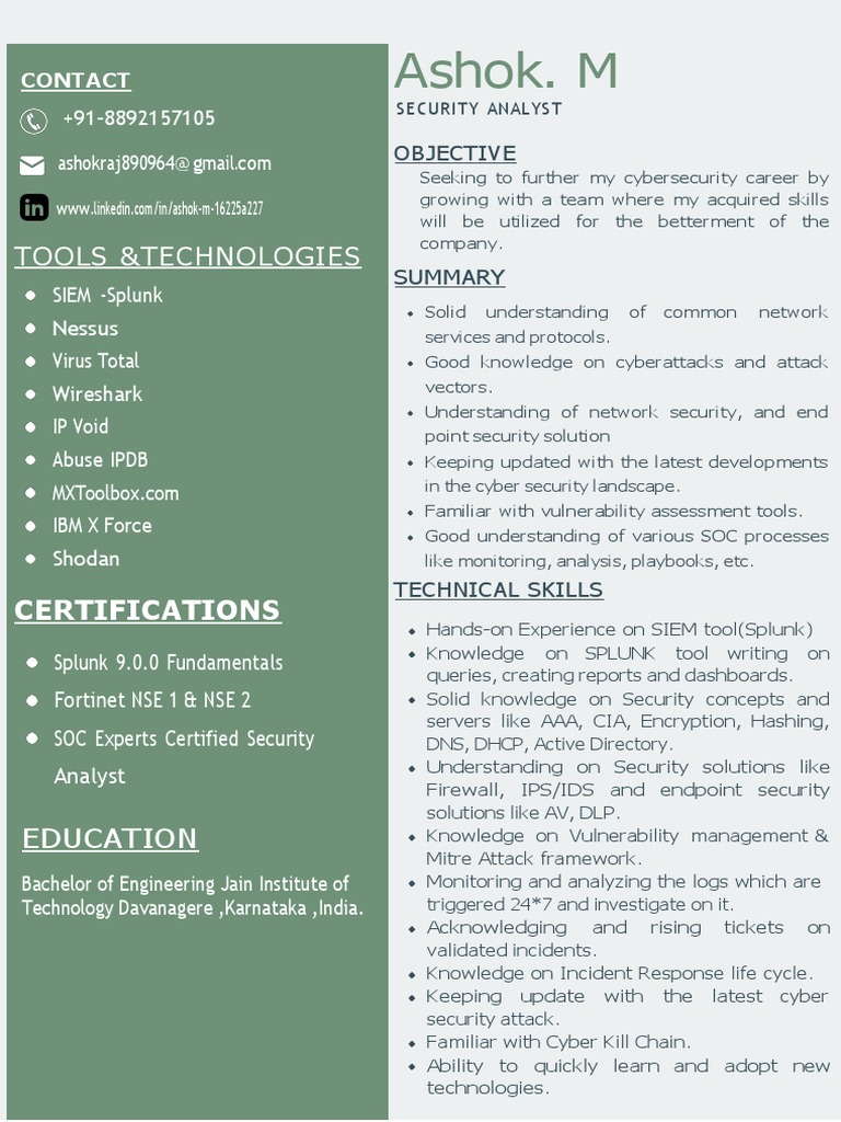 SoC Analyst - Ashok Resumepdf 2022 | PDF | Security | Computer Security