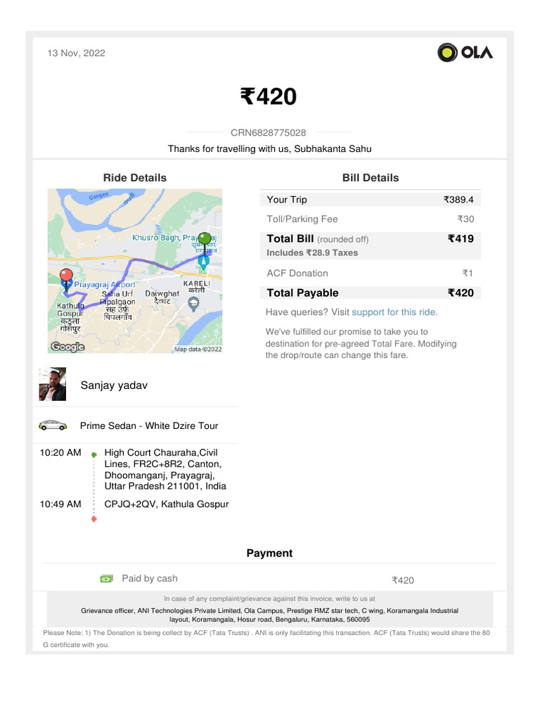 Ride details and payment receipt from Ola Cabs for a trip from High Court Chauraha to Kathula ...