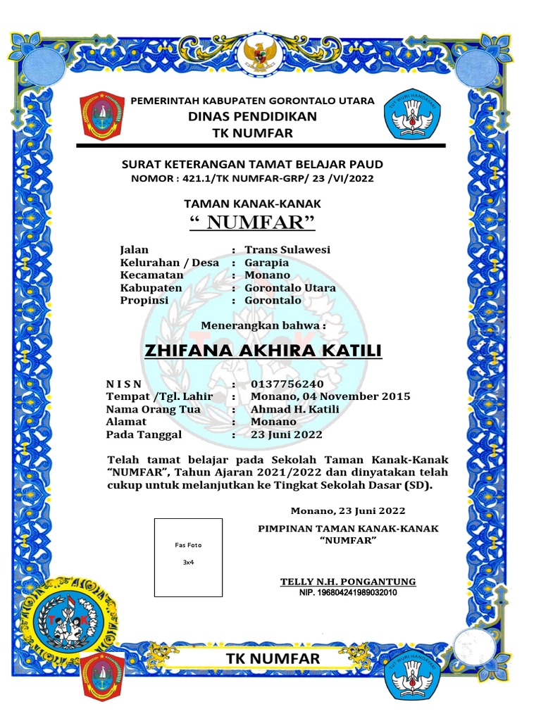 Surat Keterangan Tamat Belajar TK Numfar 2022 | PDF