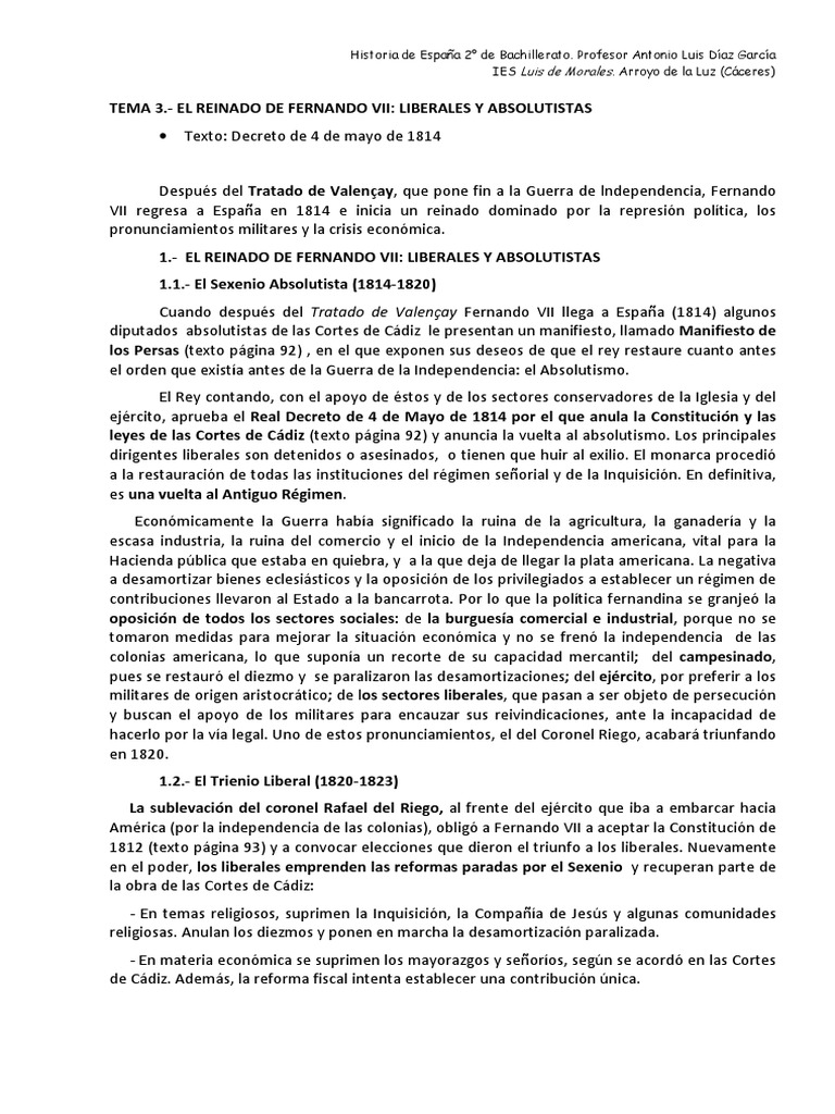 TEMA 3. - El Reinado de Fernando VII | PDF | España