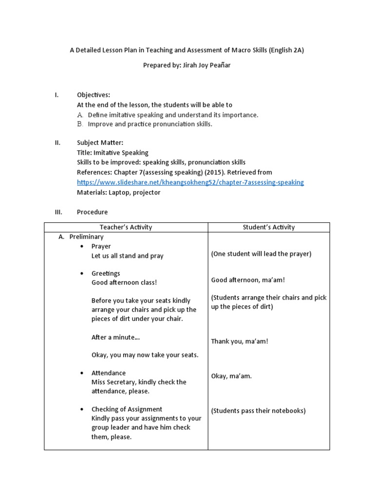 Macro Skills (Lesson Plan) | PDF | Lesson Plan | Education Theory