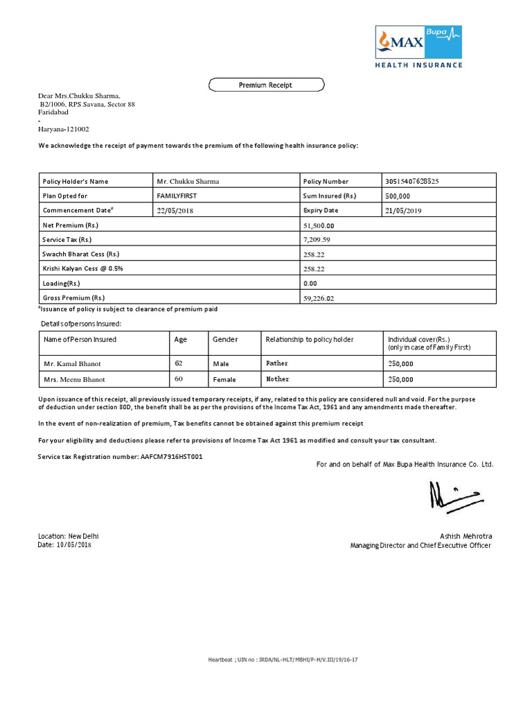 Max Bupa Health Insurance Premium Receipt | PDF | Insurance | Taxation