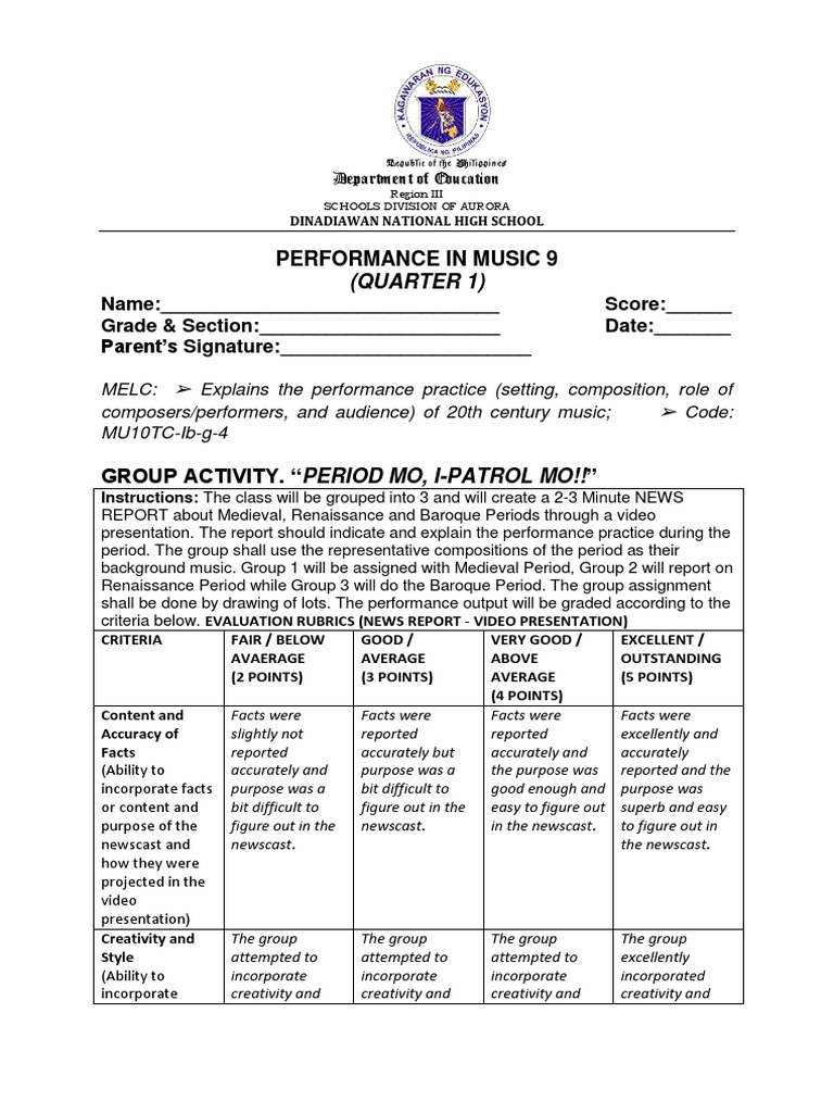 PETA in MAPEH: Music Performance Task | PDF