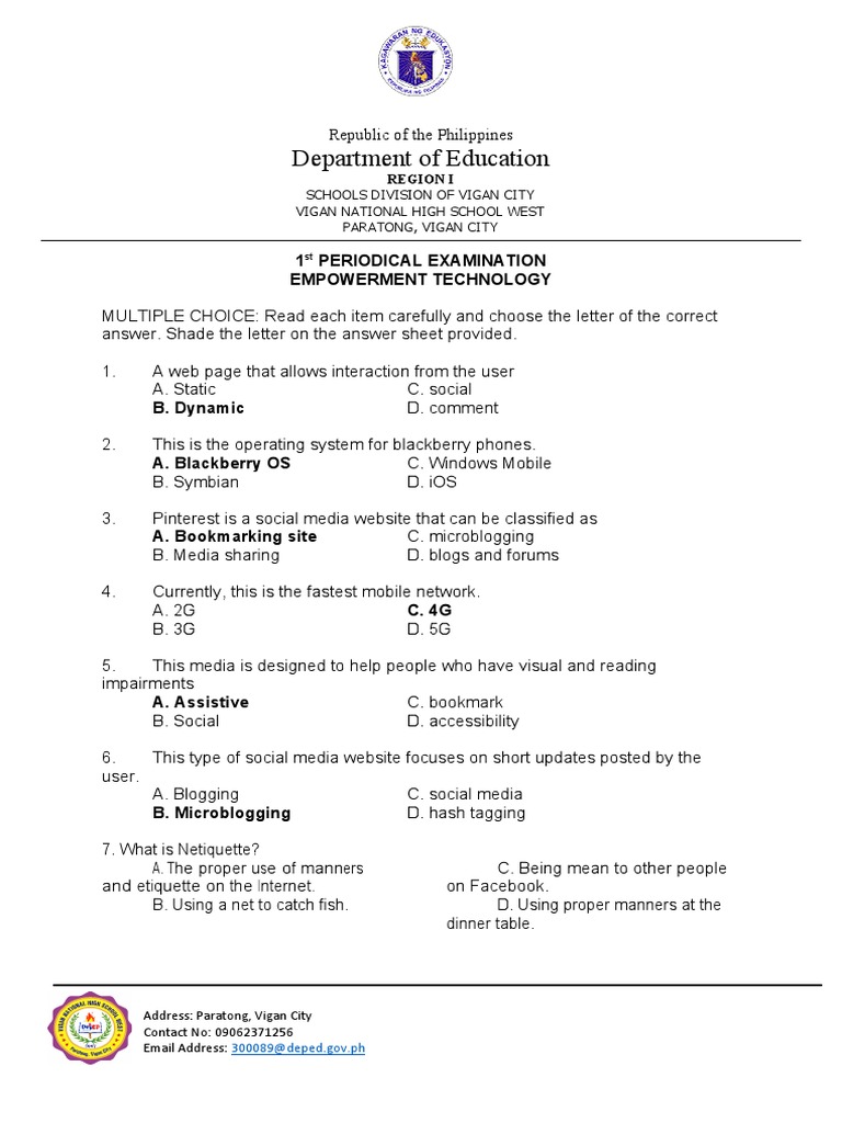 ANSWER KEY Empowerment Technology - 1st Periodical Examination SY-2022 ...