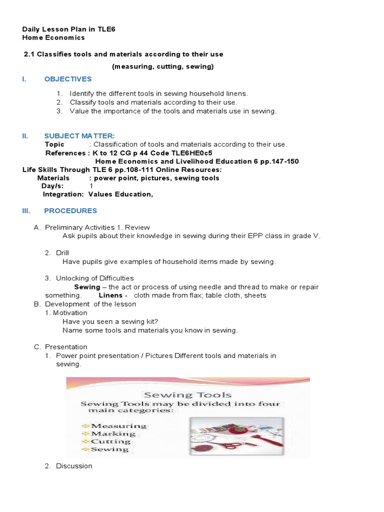 Classifying Sewing Tools and Materials for Home Economics | PDF ...
