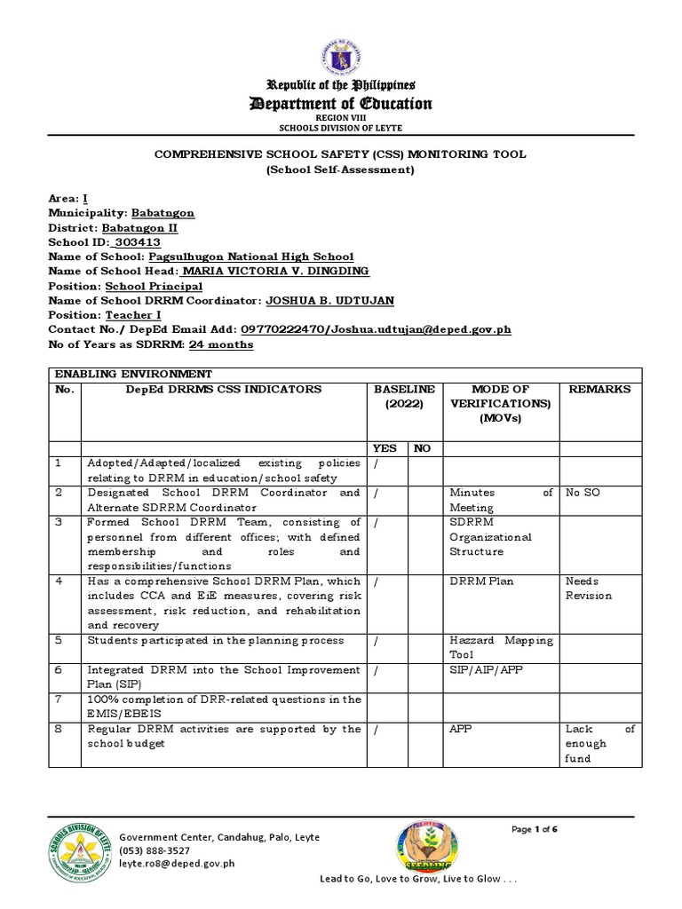 DRRM Comprehensive School Safety Monitoring Tool PNHS 303413 | PDF ...
