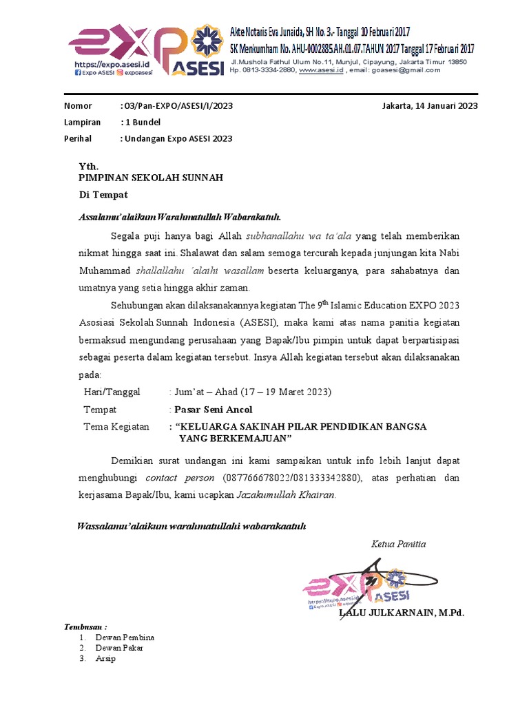 Undangan Pimpinan Sekolah Sunnah Untuk Expo Asesi 2023 | PDF