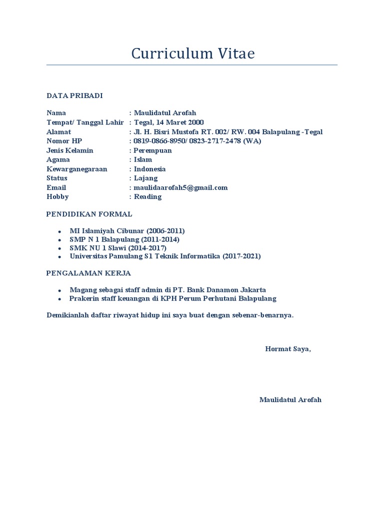 Curriculum Vitae (CV) Maulida | PDF