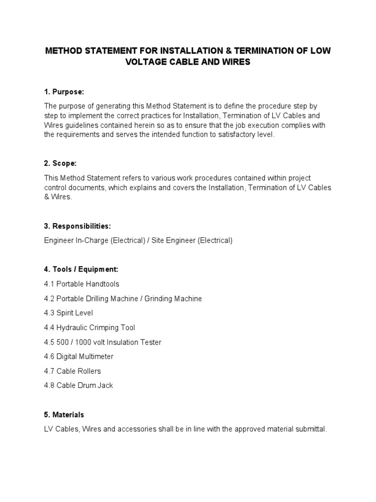 Method Statement For Installation | PDF | Electrical Wiring | Electromagnetism