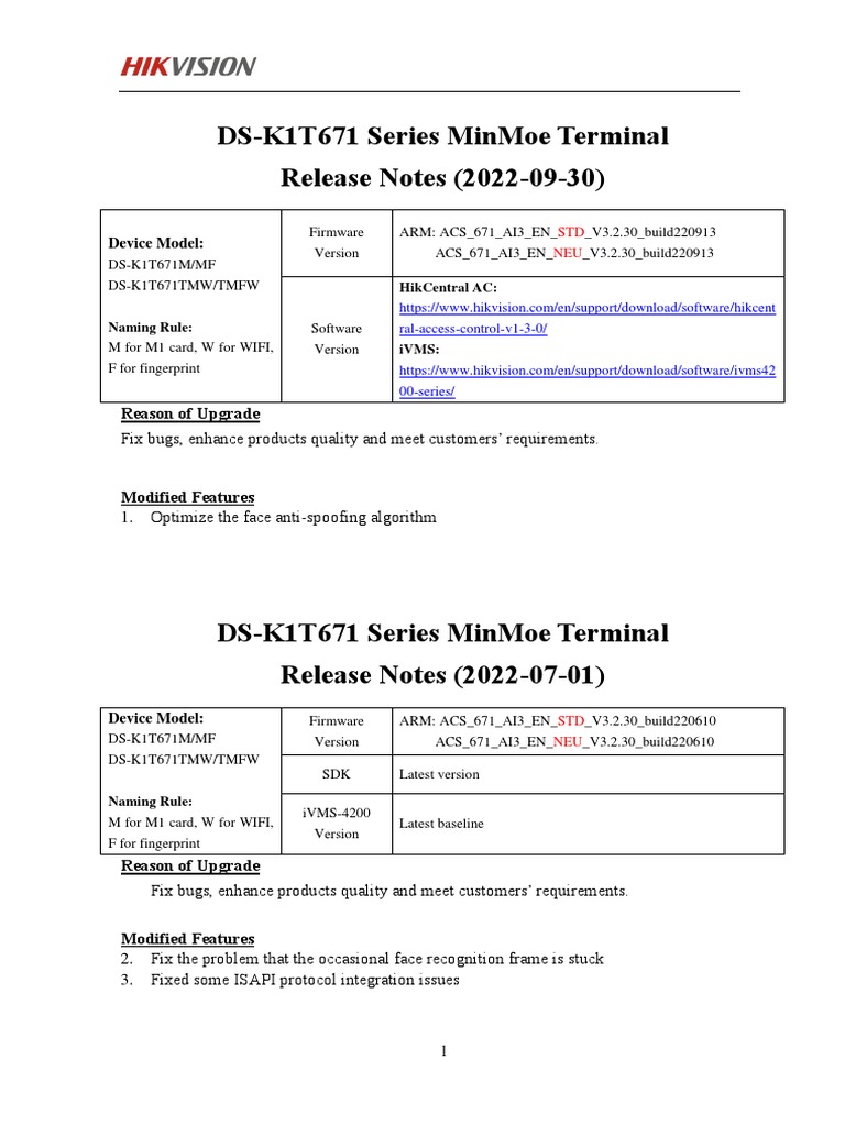 DS-K1T671 Series MinMoe Terminal Release Notes - V3.2.30 - Build220913 ...