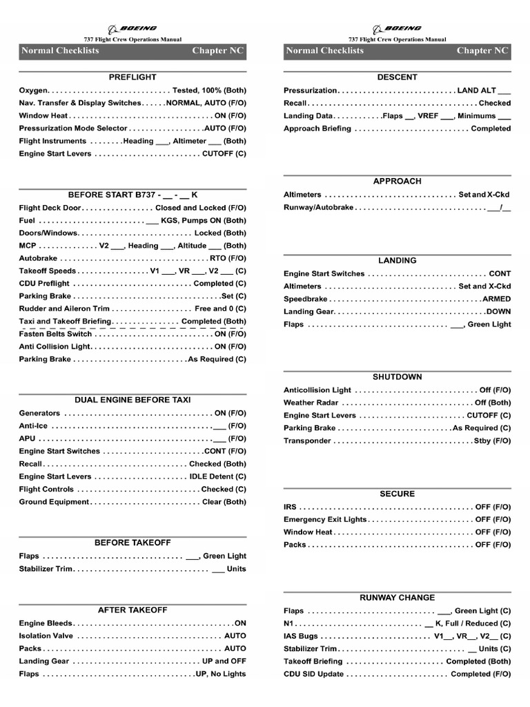 Boeing 737 NG Normal Checklists | PDF