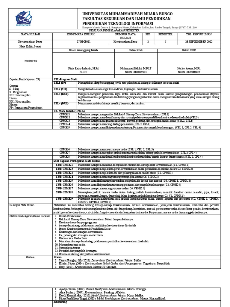 RPS Kewirausahaan PJKR | PDF