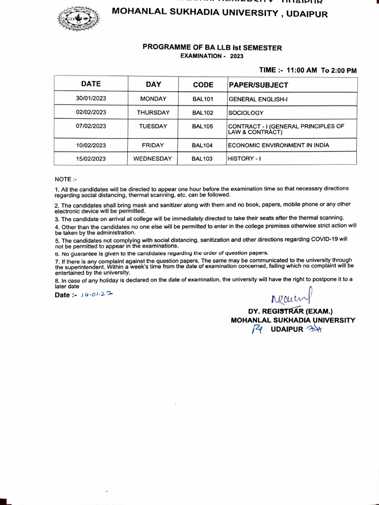 Time Table of Ba LLB Ist Semester Examintaion - 2023 | PDF