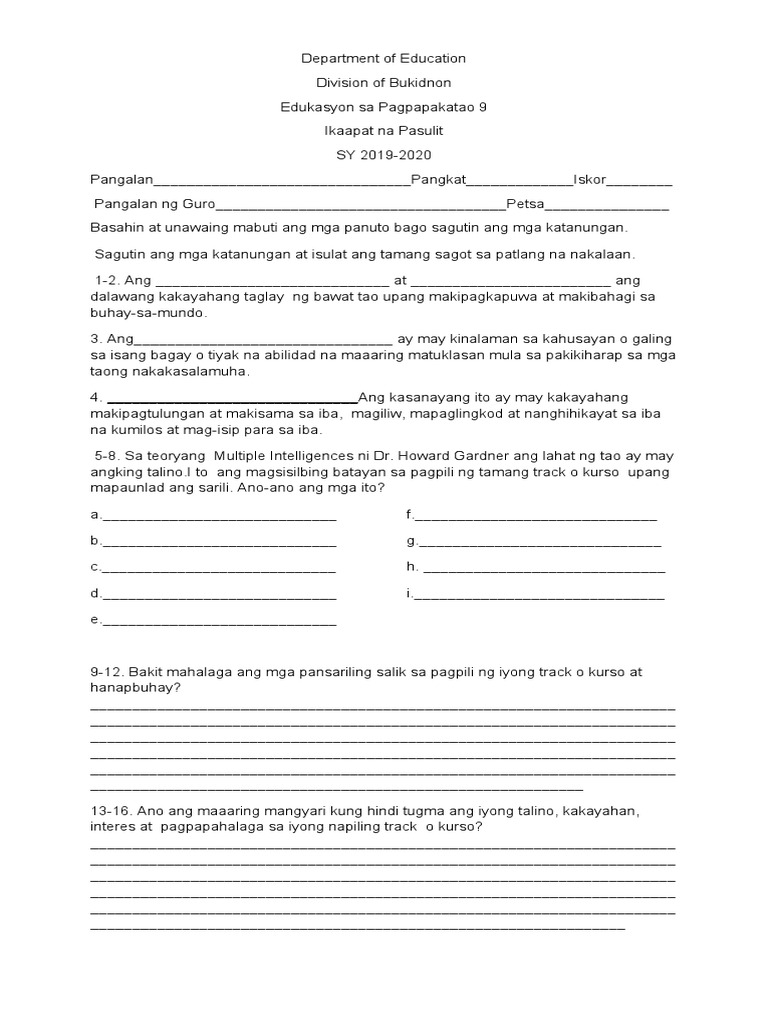 Grade 9 ESP 4th | PDF