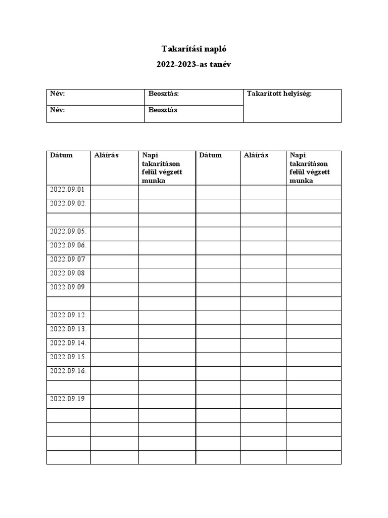 Takarítási Napló | PDF