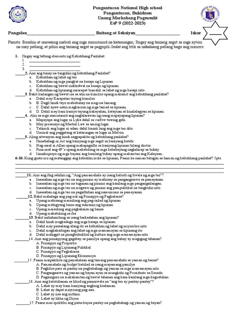 EsP Q1-Summative Test | PDF