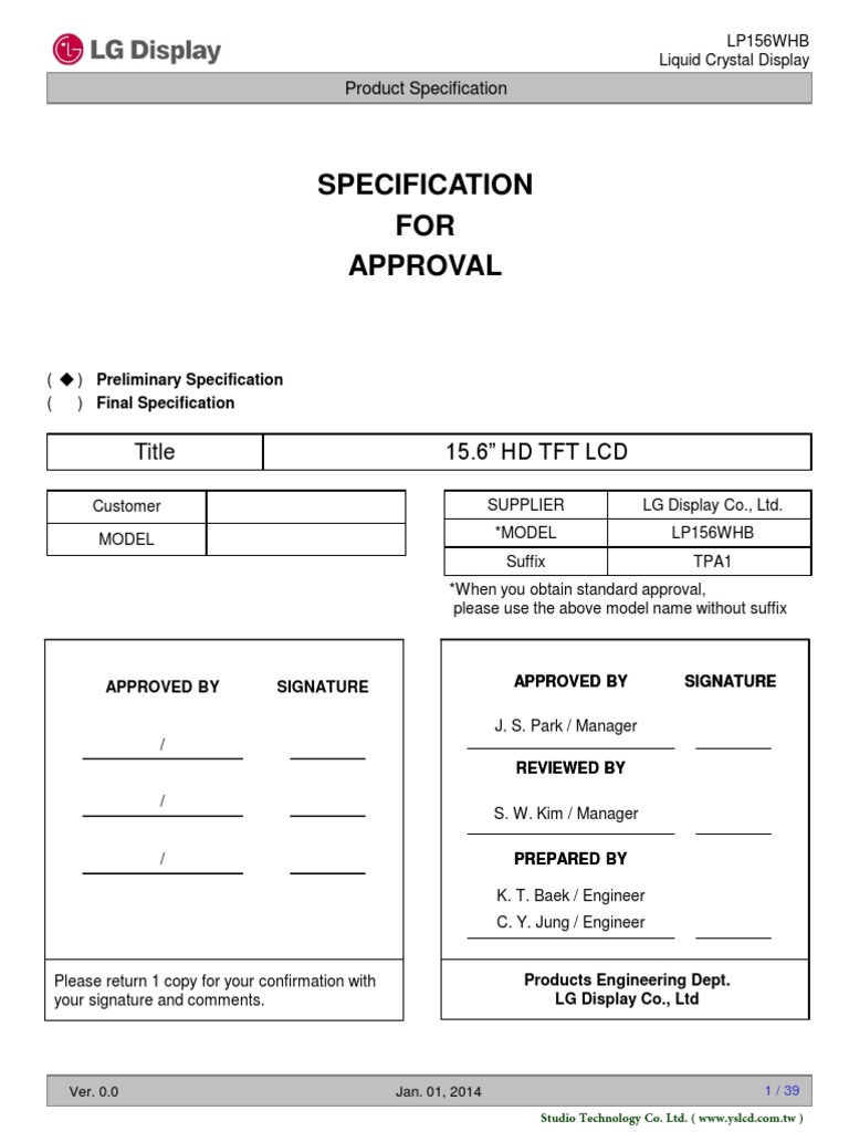 Specification Sheet for the 15.6-inch HD LP156WHB TFT LCD Display with ...