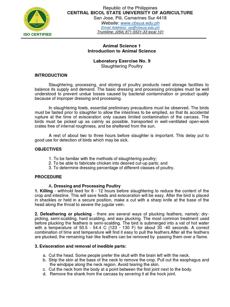 Laboratory Exercise 9 Slaugthering Poultry 1 | PDF | Poultry | Animal Slaughter
